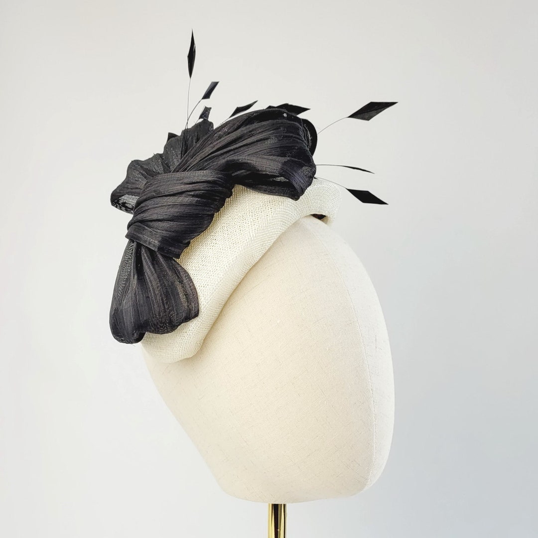 Ivory and Black Half Hat With Loops and Feathers, Ivory Race Day Hat ...