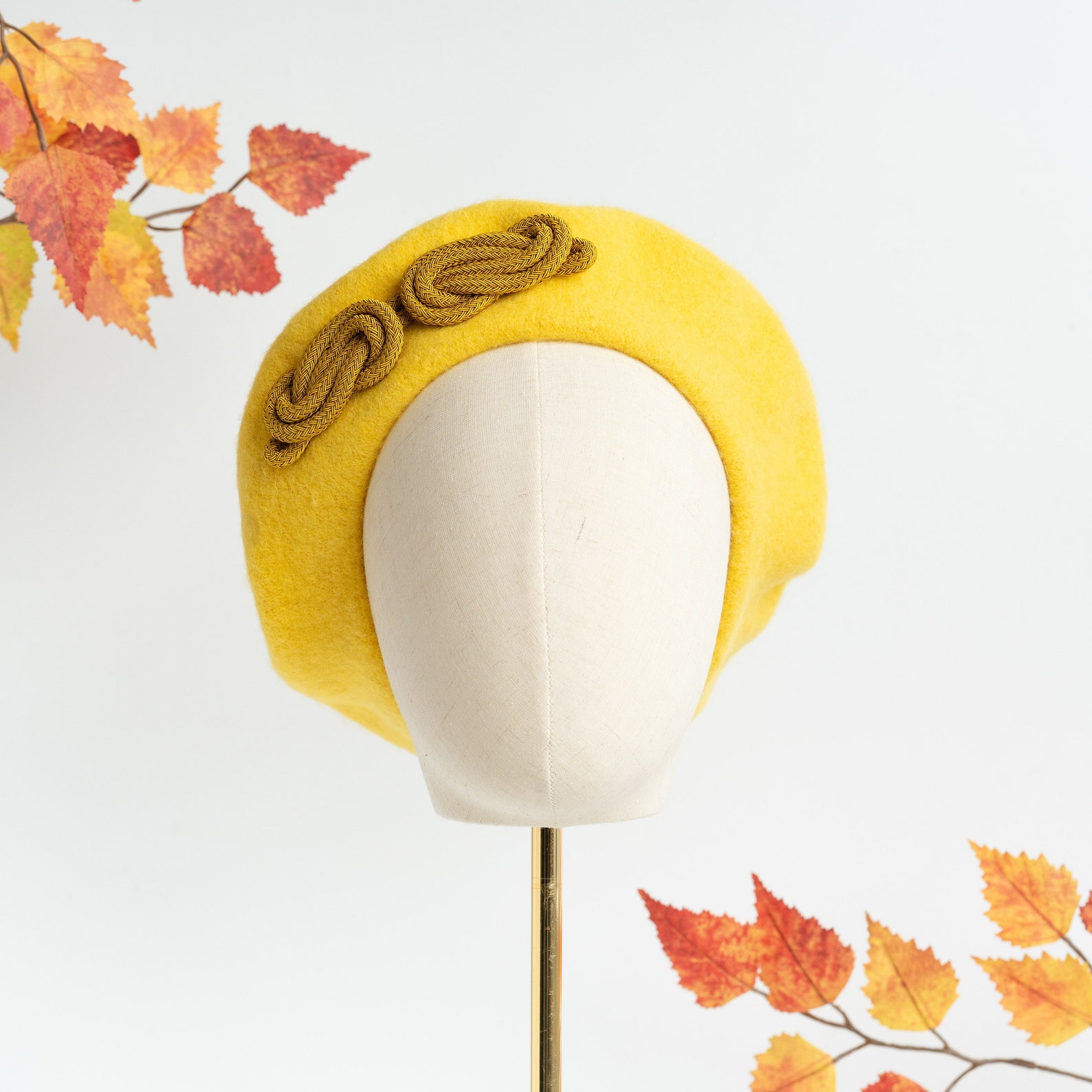 Mustard Yellow Wool Felt Beret Hat With Cord Knot Motif, Yellow French ...