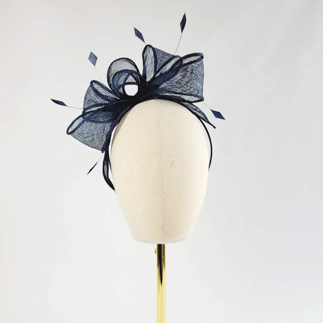Dark Navy Loop Fascinator With Coque Feathers, Navy Sinamay Fascinator ...
