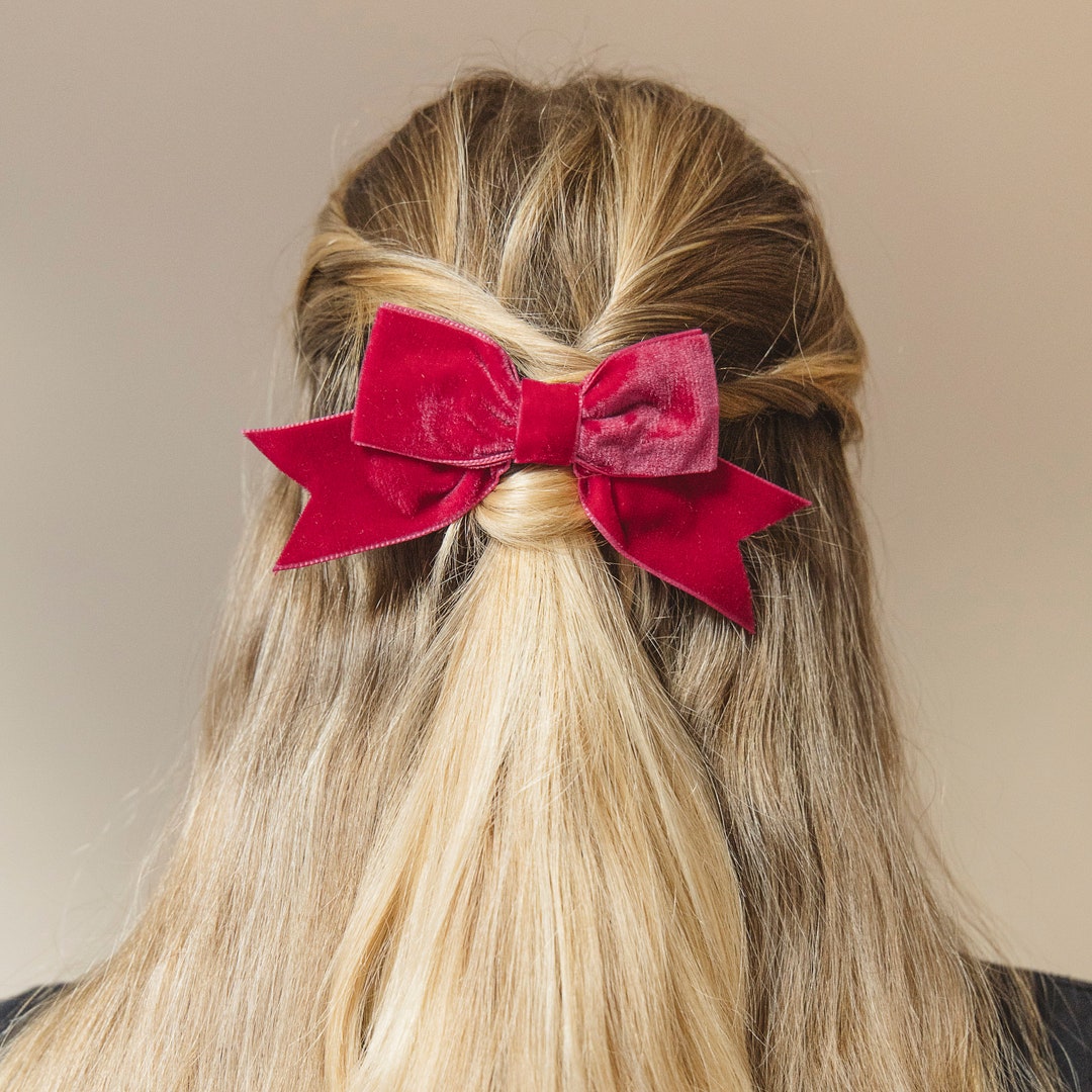 Dark Peony Pink Velvet Ribbon Bow Hair Clip, Classic Dark Pink Velvet ...