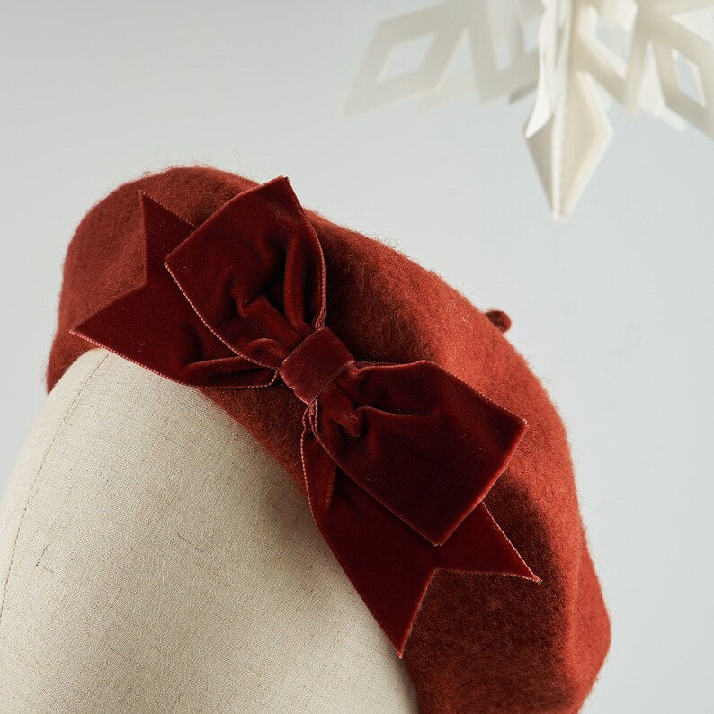 Russet Red Wool Felt Beret Hat With Russet Velvet Ribbon Bow | Etsy UK