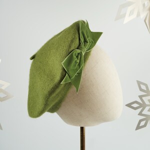 Moss Green Wool Felt Beret Hat With Green Velvet Ribbon Bow, Green ...
