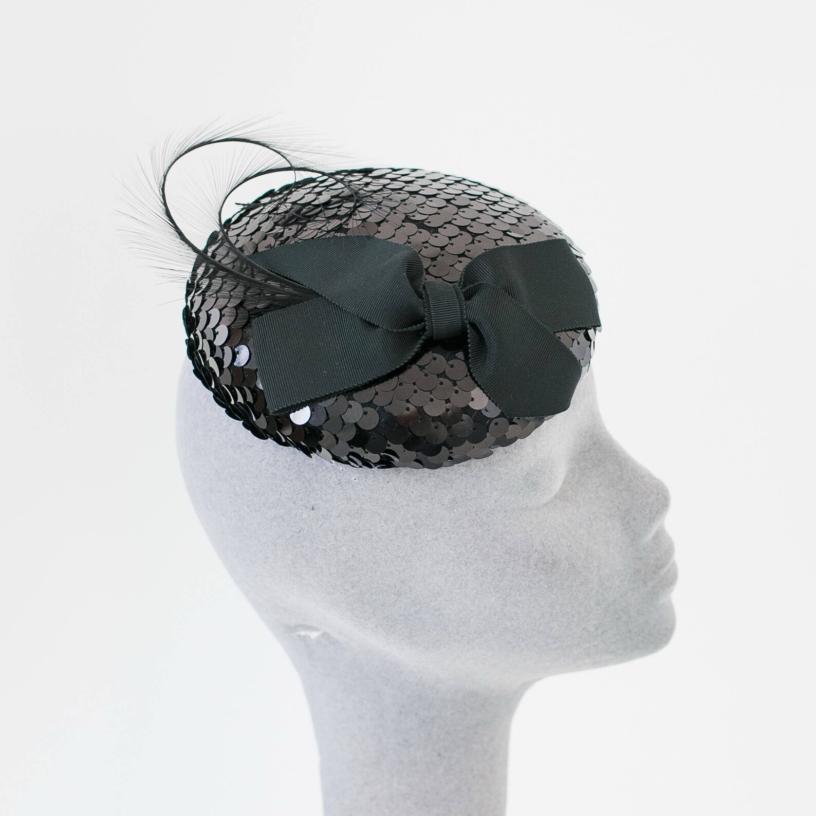 Black Sequin Cocktail Hat, Black Sequin Button Hat With Feathers, Black ...