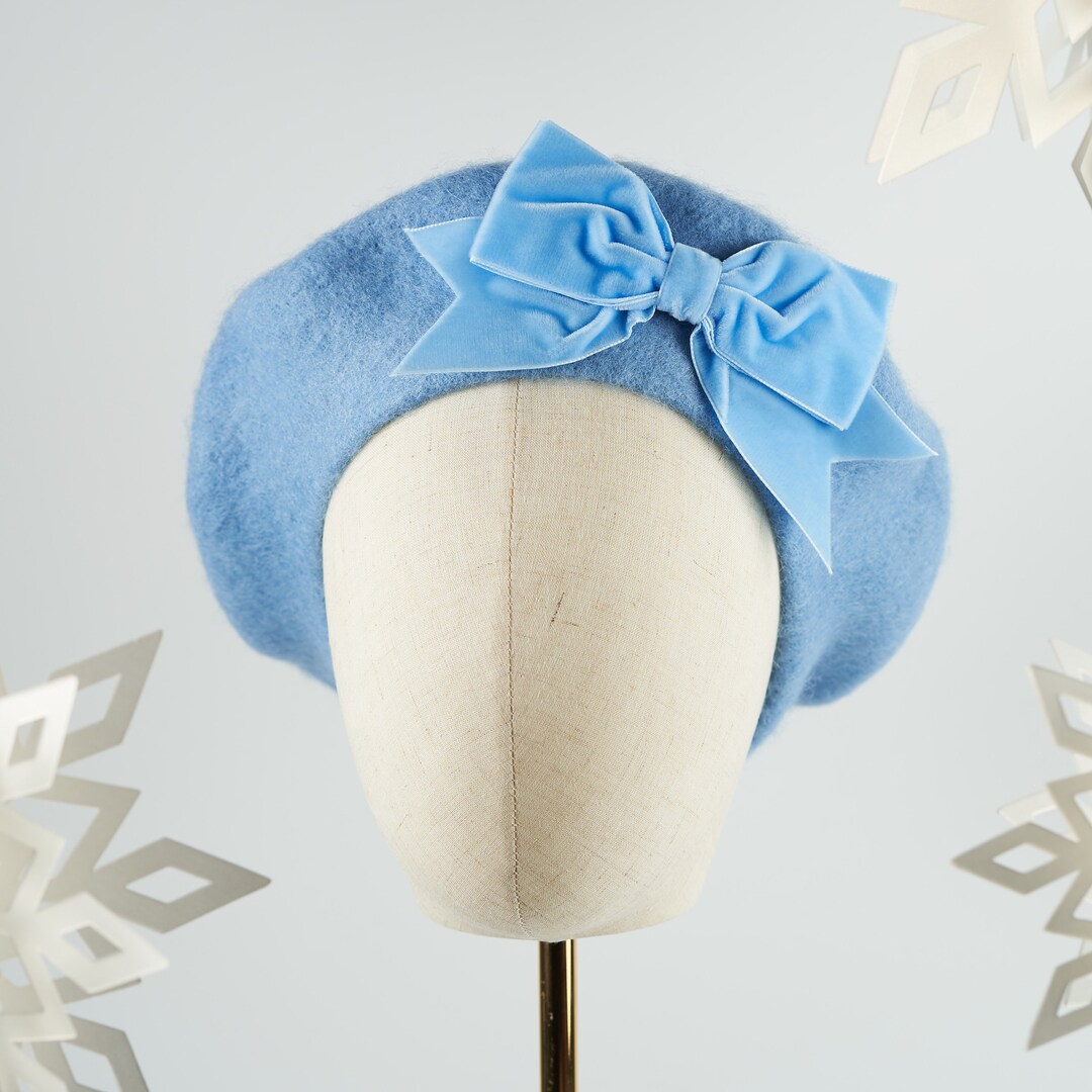 Cornflower Blue Wool Felt Beret Hat With Blue Velvet Ribbon Bow, Blue ...