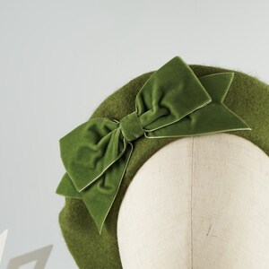 Moss Green Wool Felt Beret Hat With Green Velvet Ribbon Bow, Green ...