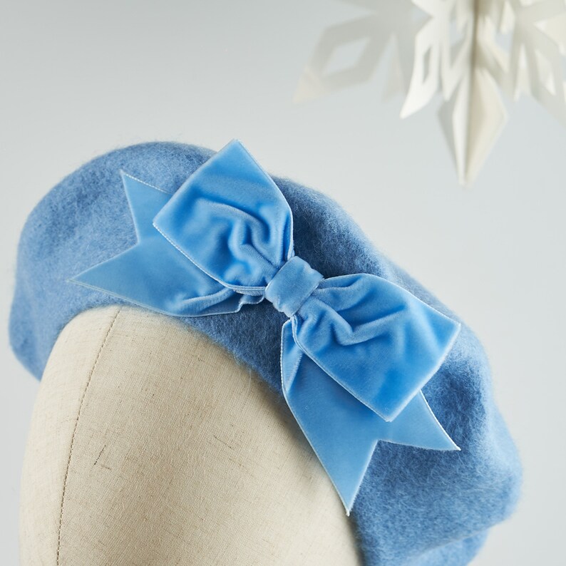 Cornflower Blue Wool Felt Beret Hat With Blue Velvet Ribbon Bow, Blue ...