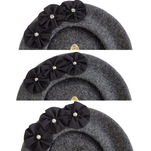 Charcoal Grey Wool Felt Beret Hat With Ribbon Rosettes and Silver Studs ...