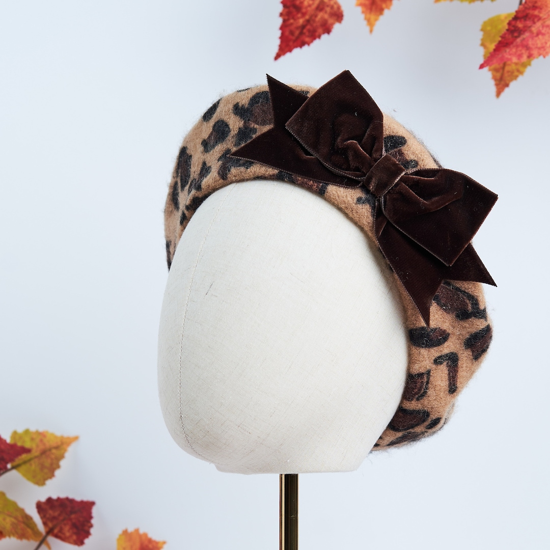 Leopard Print Wool Felt Beret Hat With Brown Velvet Ribbon Bow, Classic ...