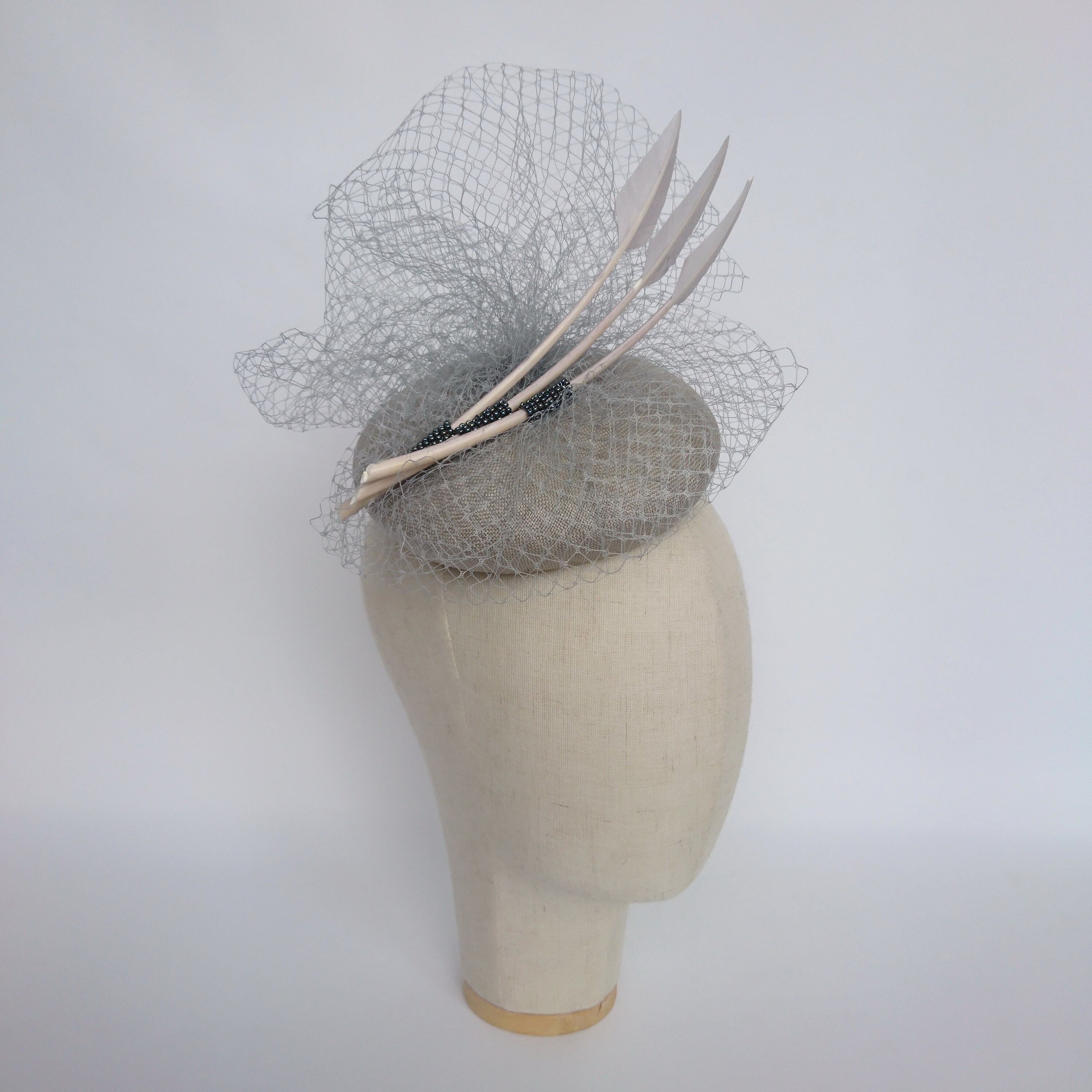 Grey Straw Pill Box Hat With Veiling and Feathers Grey - Etsy UK