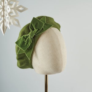Moss Green Wool Felt Beret Hat With Green Velvet Ribbon Bow, Green ...