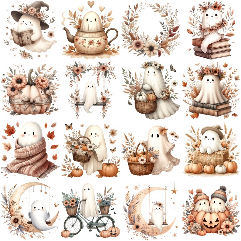 Boho Fall Cute Halloween Ghost Clipart Bundle | Watercolor PNG | Witch ...