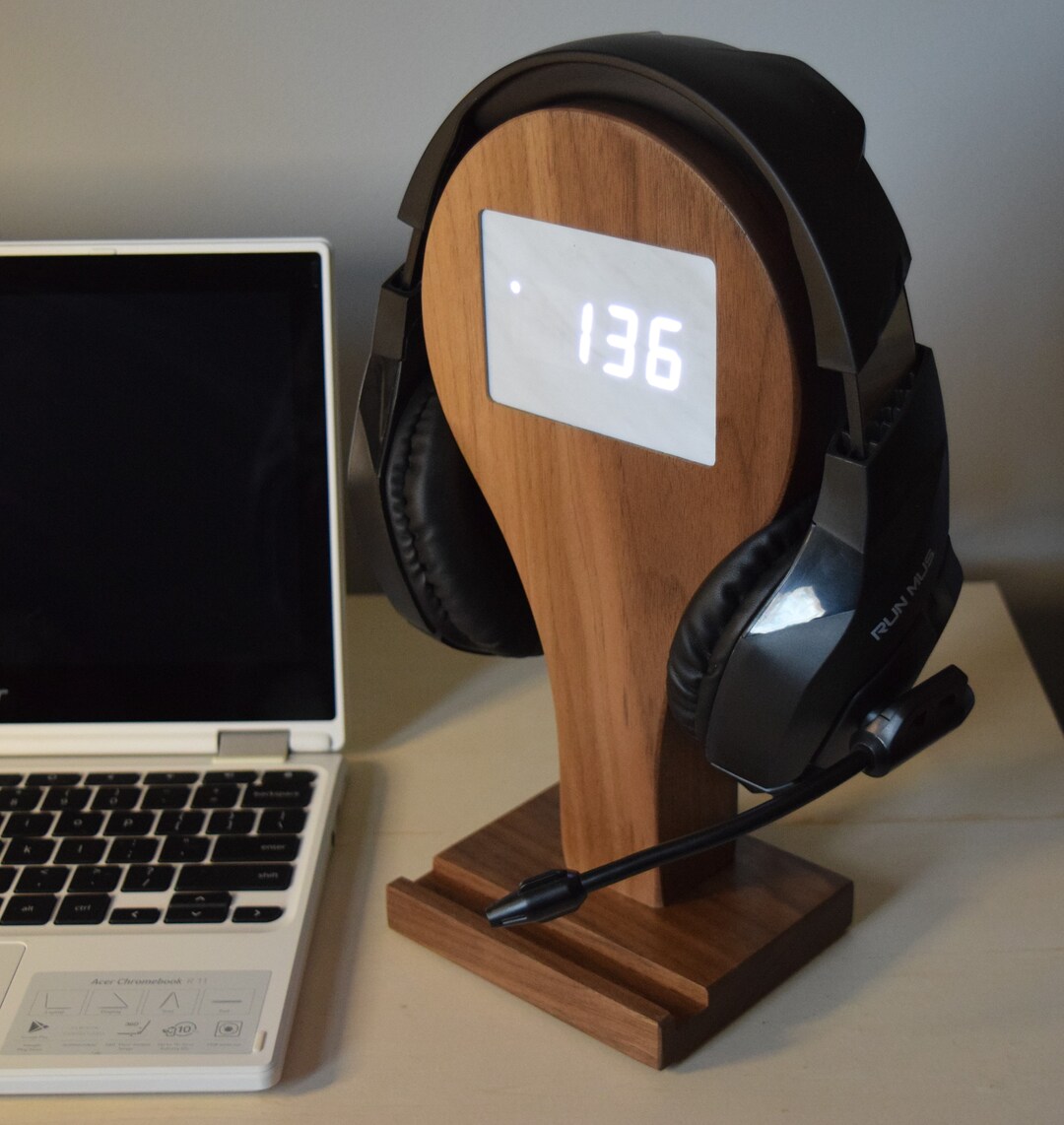 Headset Stand Walnut Hardwood Alarm Clock USB Charger Phone Holder ...