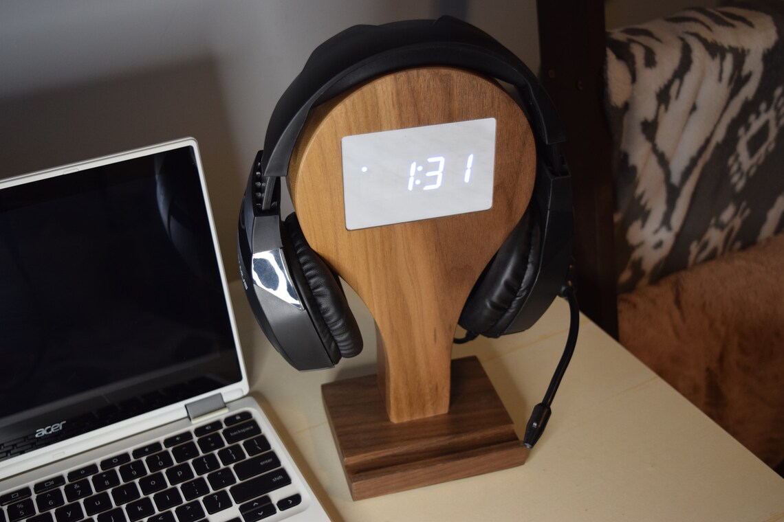 Headset Stand Walnut Hardwood Alarm Clock USB Charger Phone | Etsy