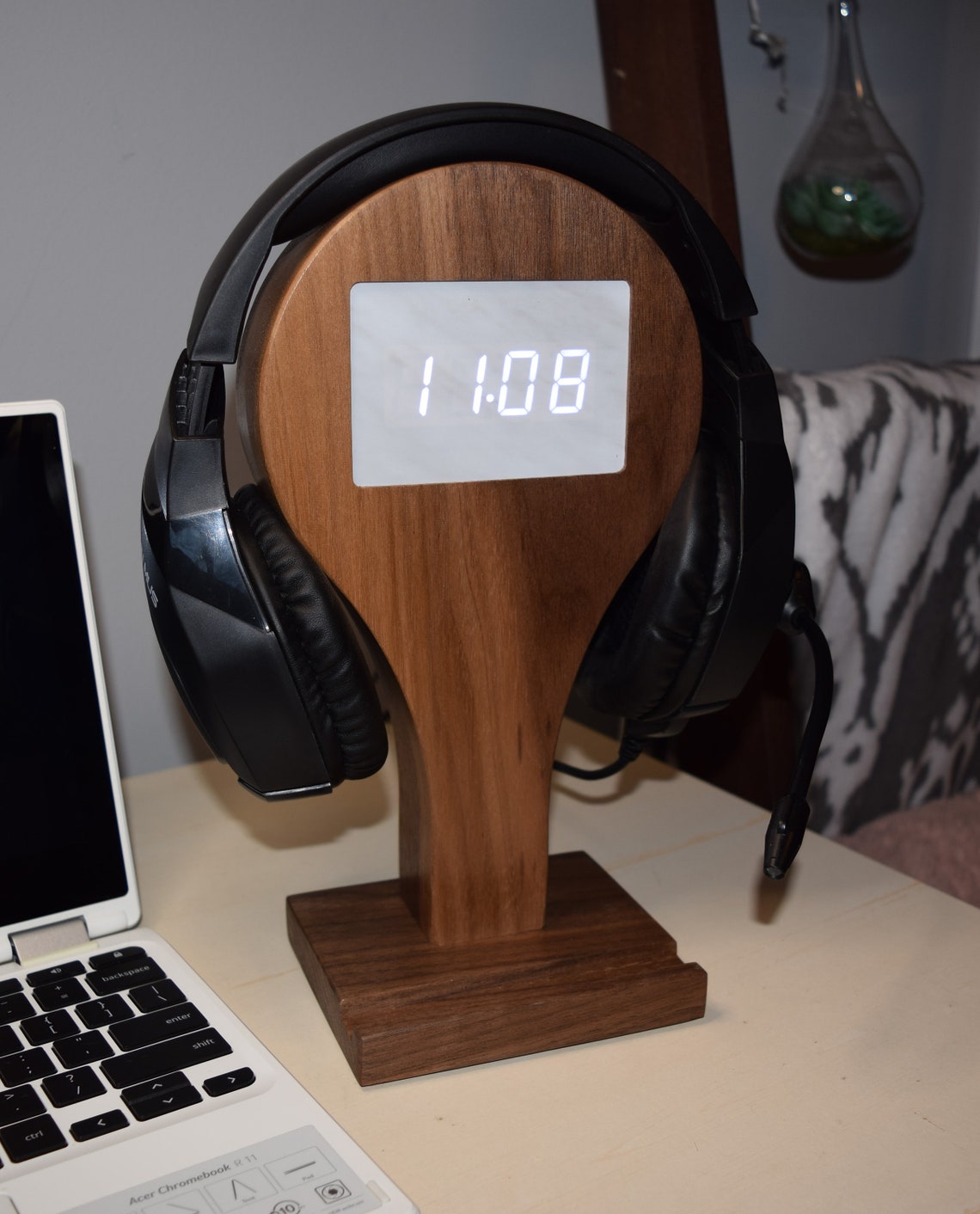 Headset Stand Walnut Hardwood Alarm Clock USB Charger Phone | Etsy