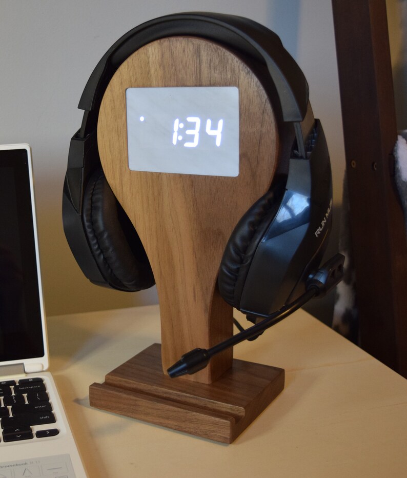 Headset Stand Walnut Hardwood Alarm Clock USB Charger Phone - Etsy