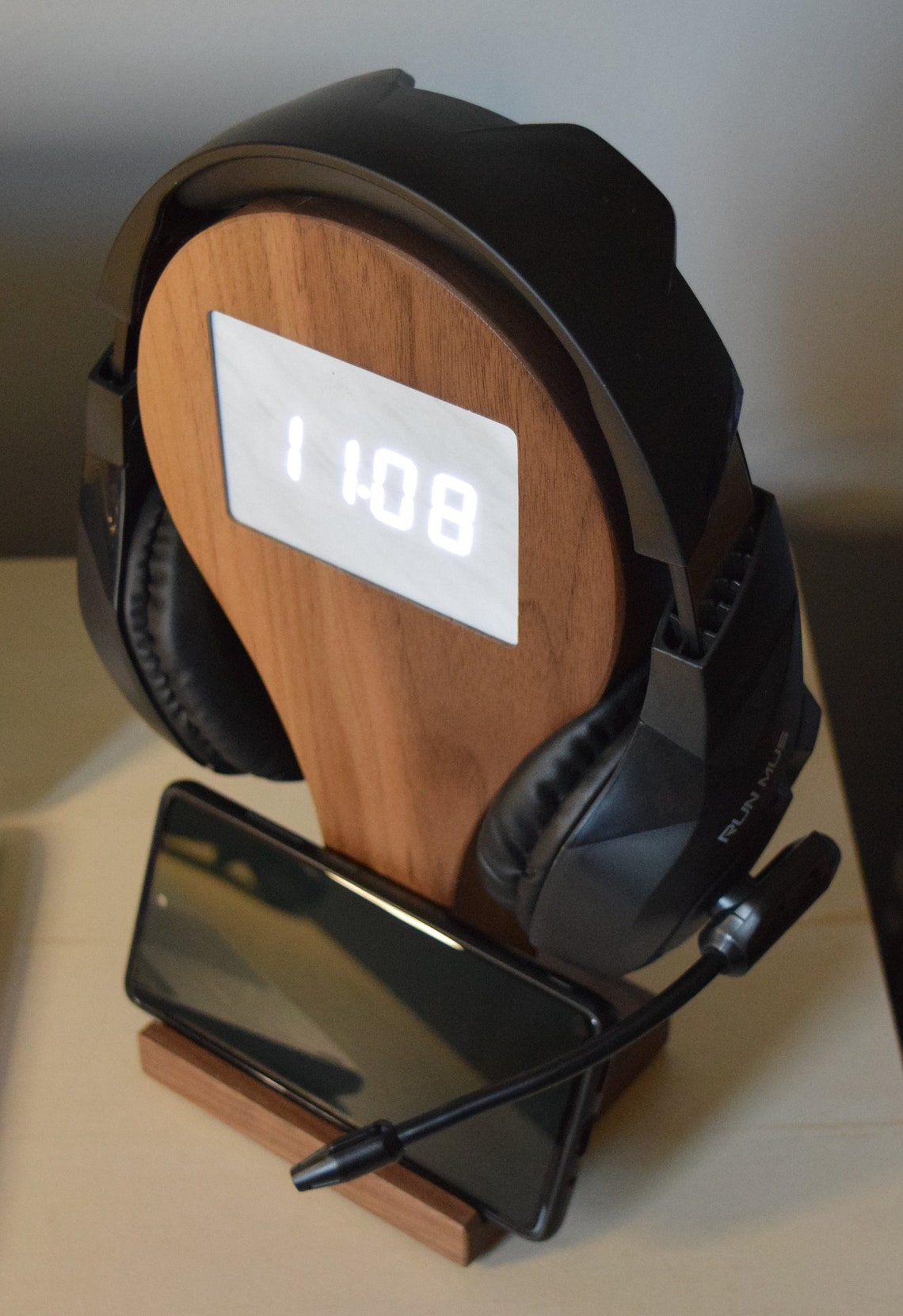 Headset Stand Walnut Hardwood Alarm Clock USB Charger Phone | Etsy