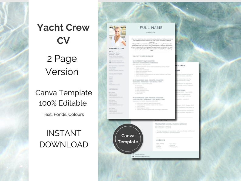Yacht Crew CV Template | Superyacht Resume Canva Editable | Maritime ...