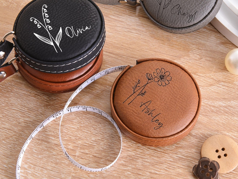 Engraved Leatherette Pocket Tape Measure, Birth Flower Tailor Gift ...