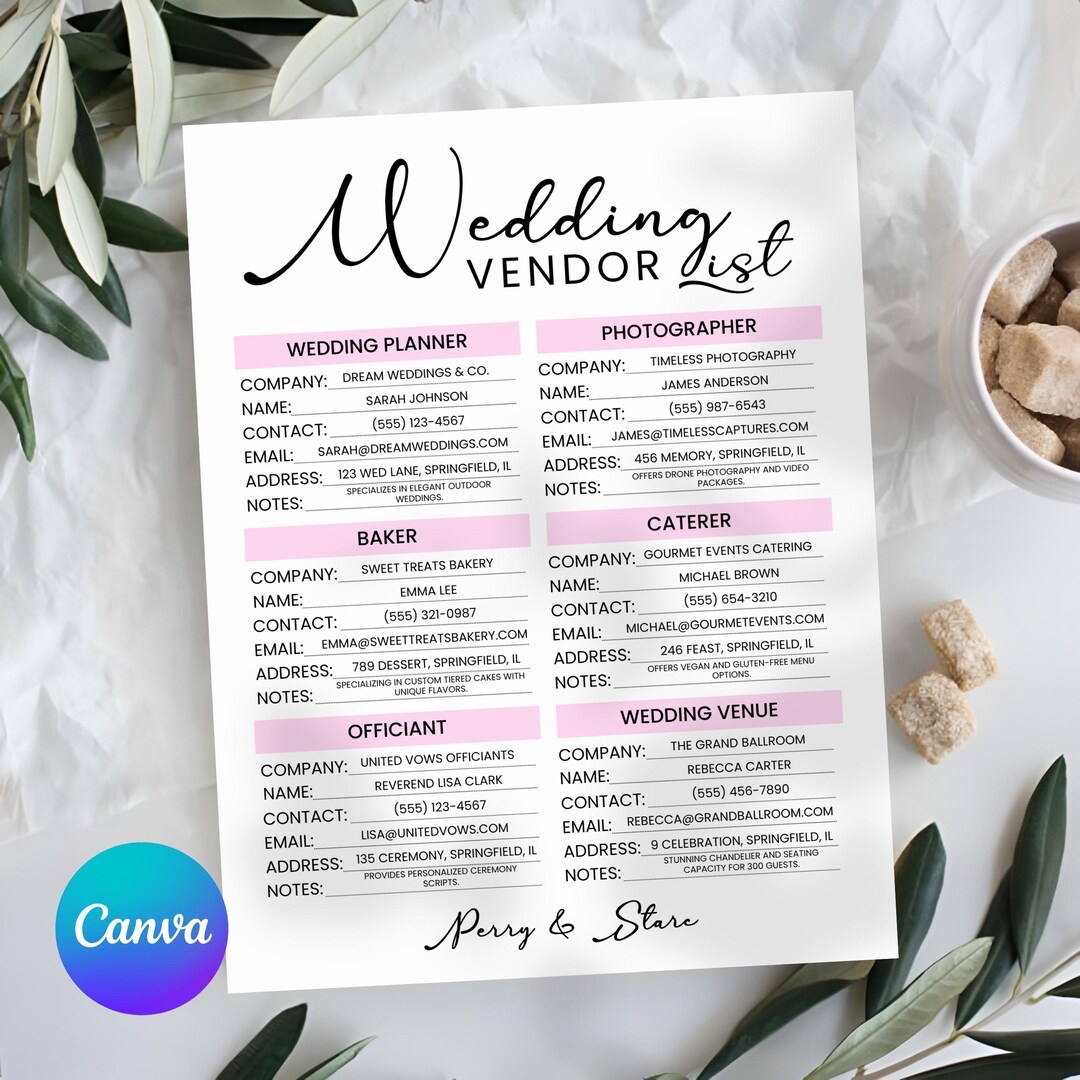 Wedding Vendor List, Vendor Contact List, Event Vendor List, Printable ...