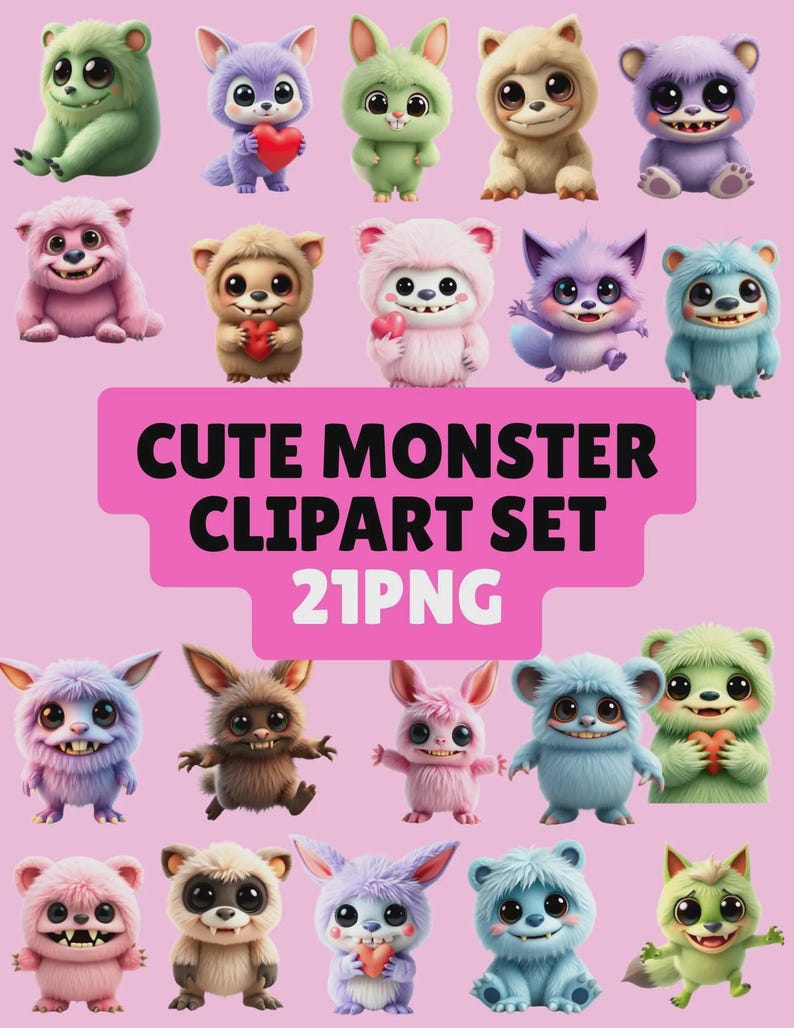 Cute Monster Clipart Set – Labubu-inspired | Kawaii Fantasy Creatures ...