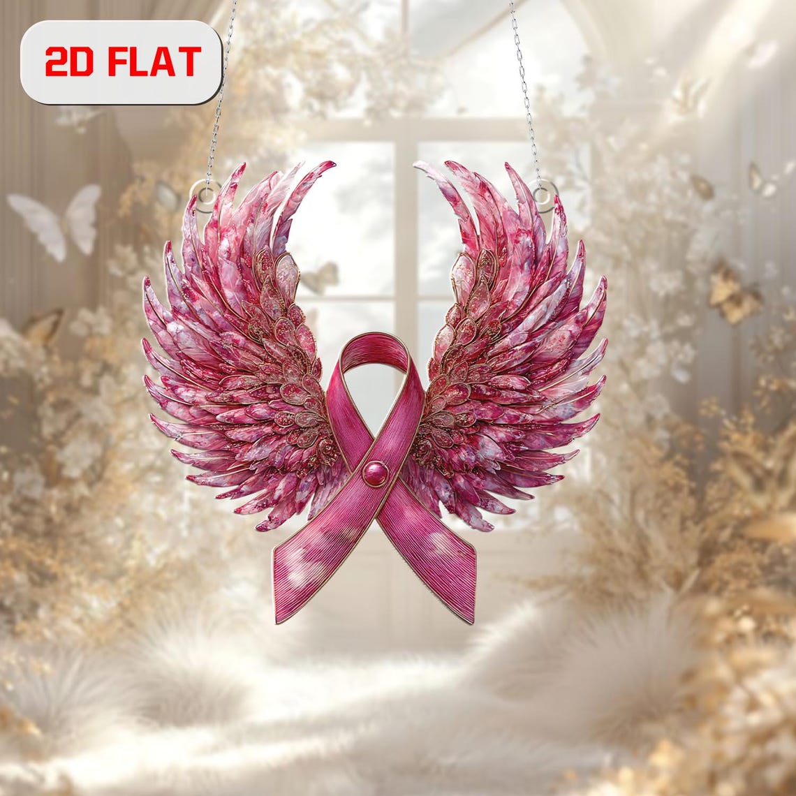 Breast Cancer Awareness Ribbon Angel Wings Window Hanging, Pink ...