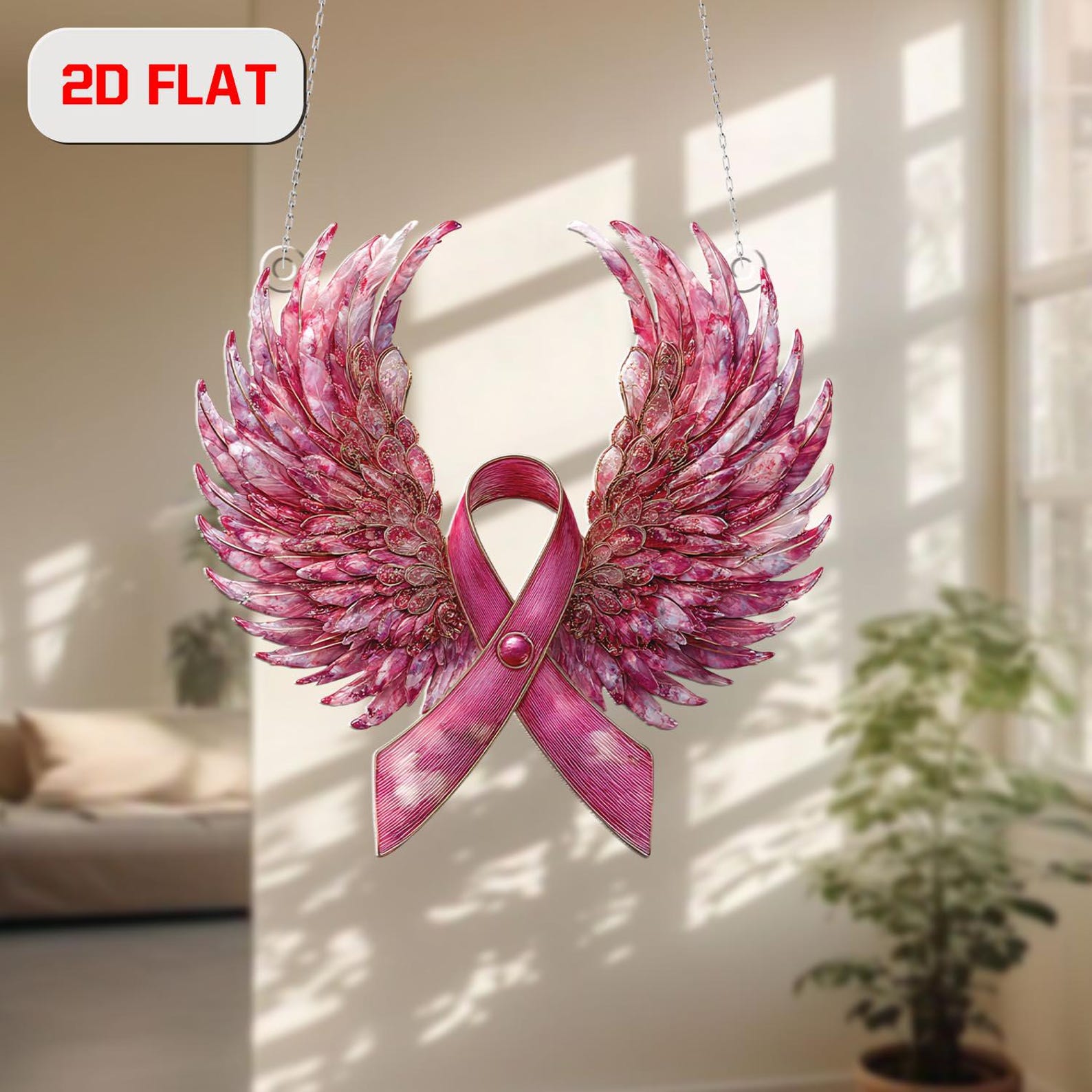 Breast Cancer Awareness Ribbon Angel Wings Window Hanging, Pink ...