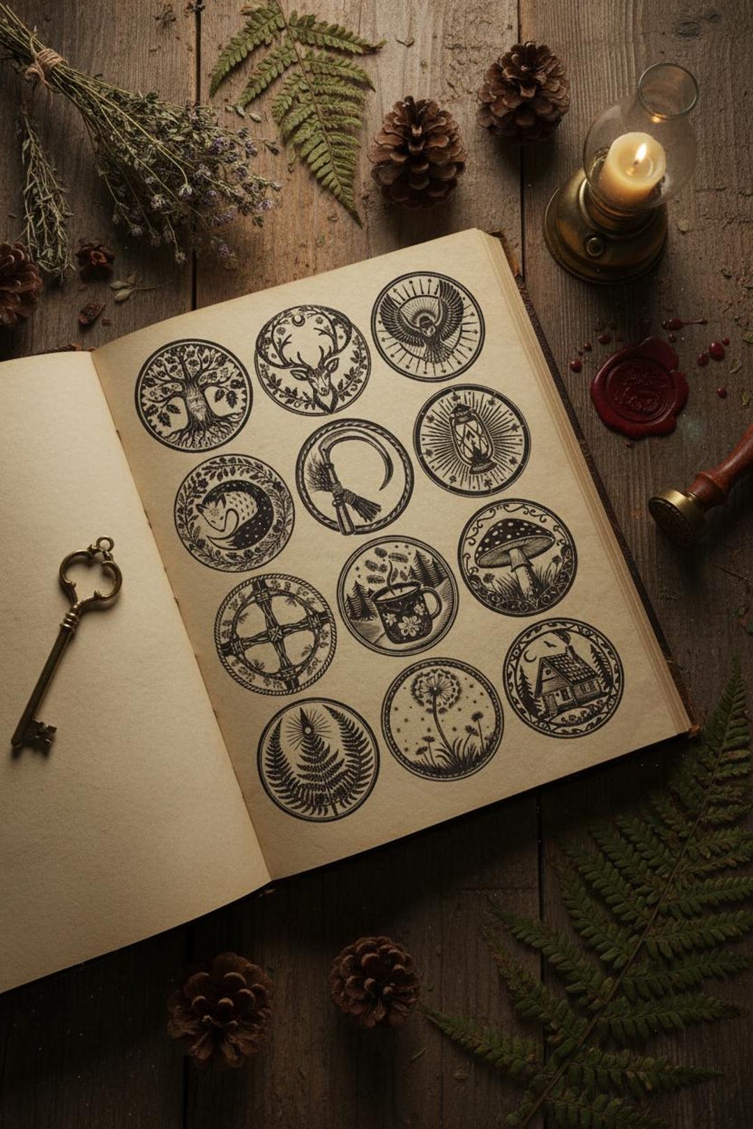 Bohemian Folklore & Forest Magic Icon Set – 12 Engraved Woodland Sigils ...
