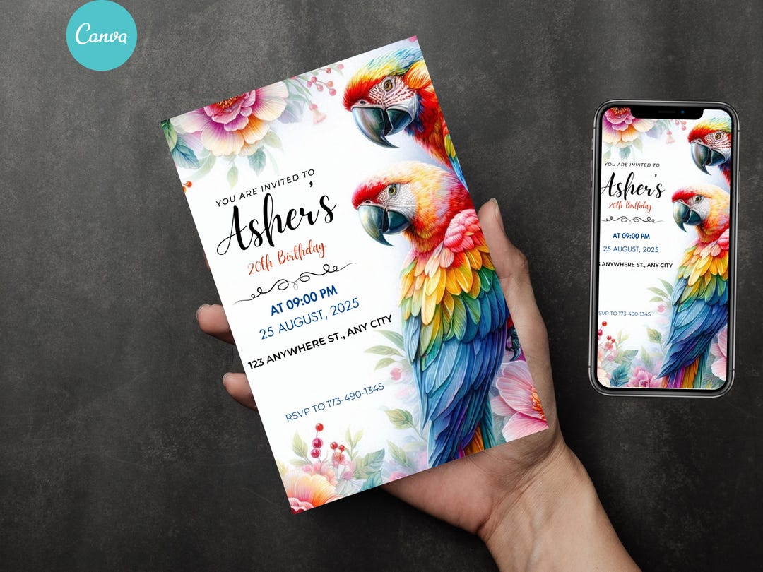 Editable Birds Invitation Wild Safari Colorful Birthday Invite,party ...