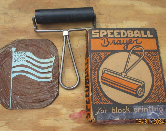 Vintage Speedball Brayer Block Printing Kit USA Flag Original Box ...