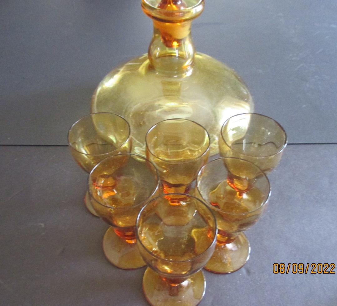 Amber Crystal Glass Decanter Six Cordials Glasses Vintage Apertifs ...