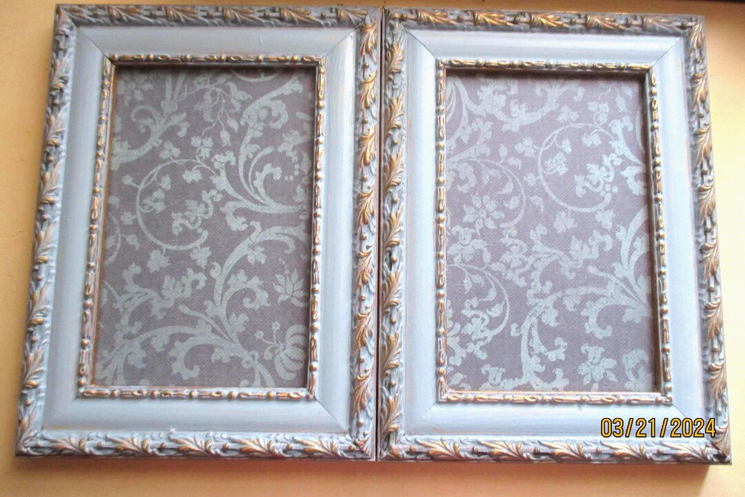 Two Wooden Hand Painted Frames Blue Gold Trim Decorative Paper Inserts ...