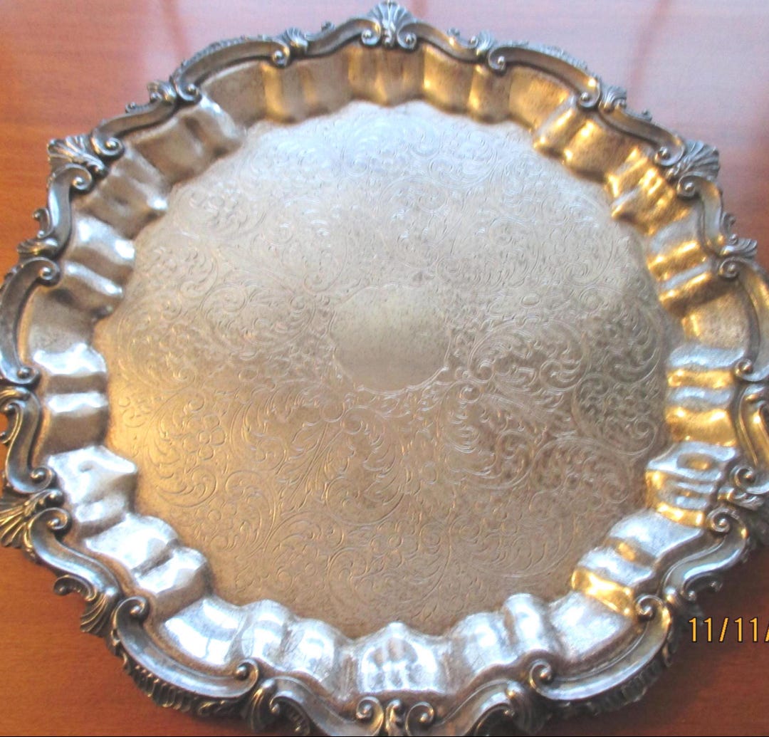 Large Round Sheffield Silver Plate Tray Footed Hallmark Crown Letters ...