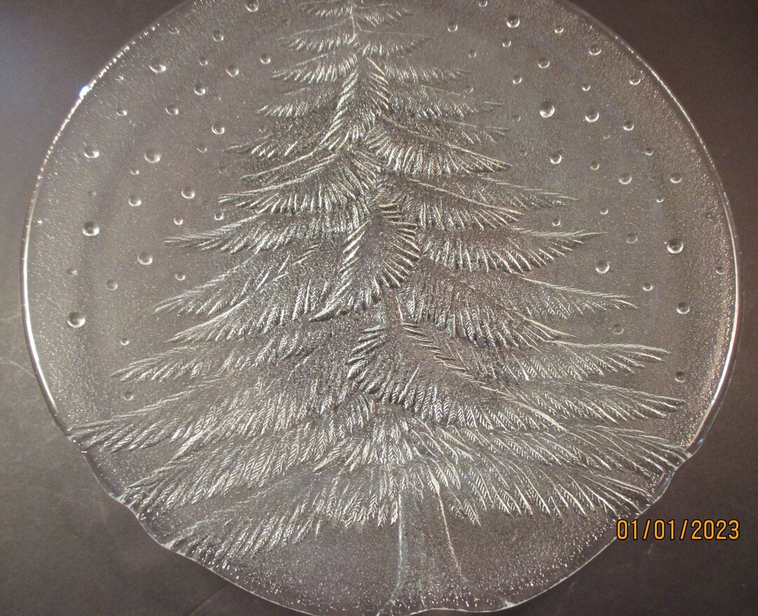 Large Glass Platter Evergreen Tree Snow Vintage Round Decorative Plate ...