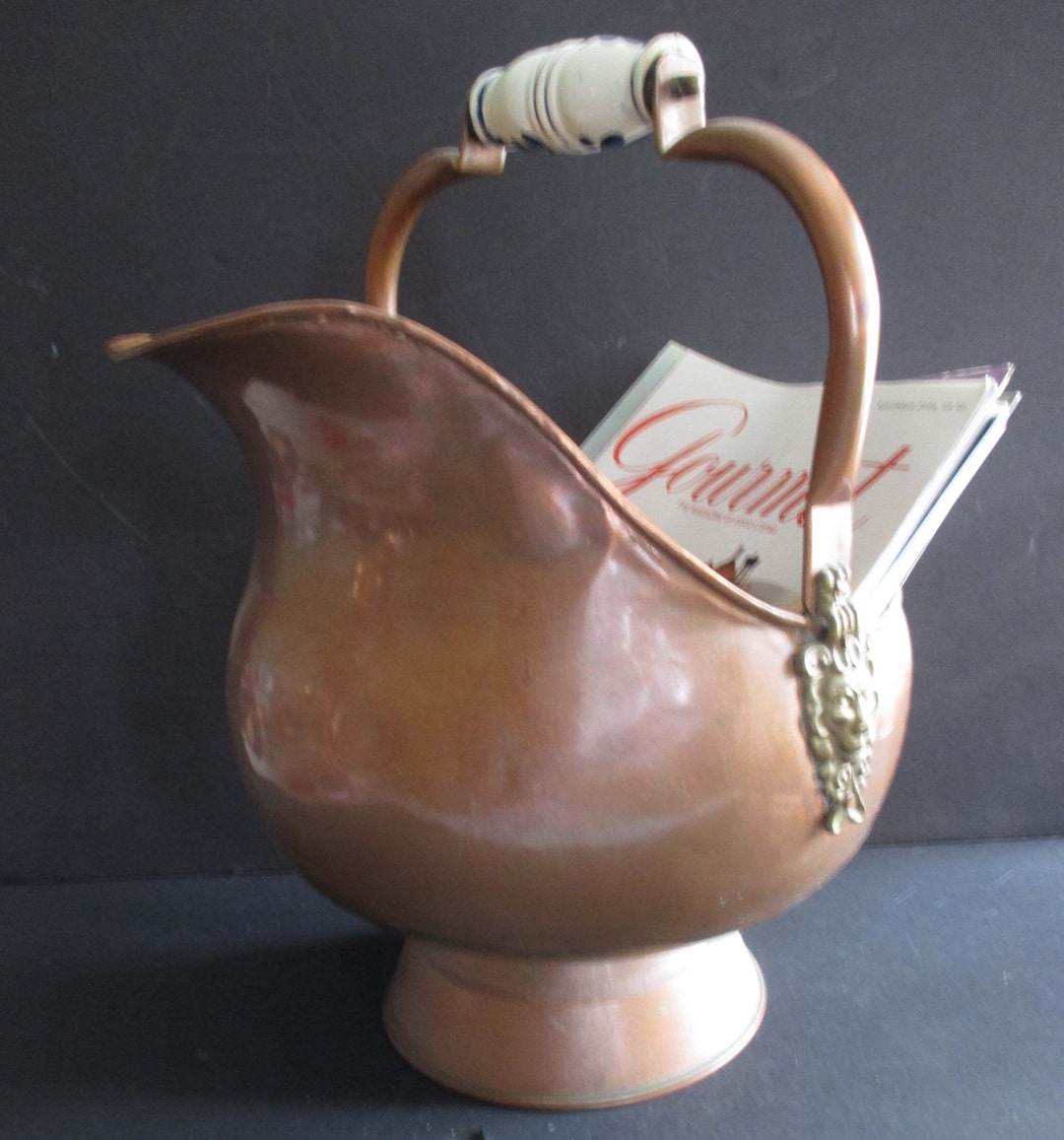 Copper Brass Scuttle Blue White Delft Ceramic Handles Lion's Head ...