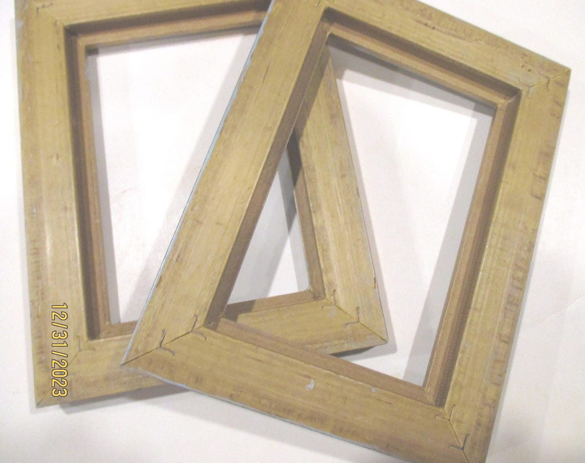 Two Wooden Hand Painted Frames Blue Gold Trim Decorative Paper Inserts ...