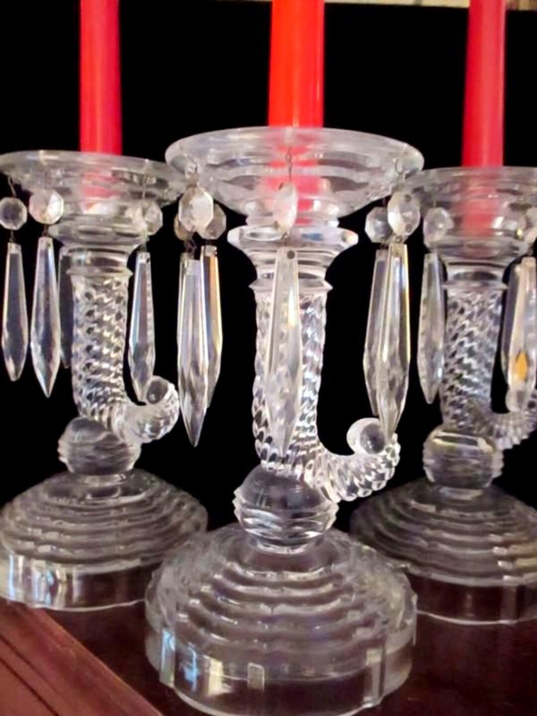 Glass Candlesticks Cornucopia Design Prisms EAPG Vintage Candle Holders ...