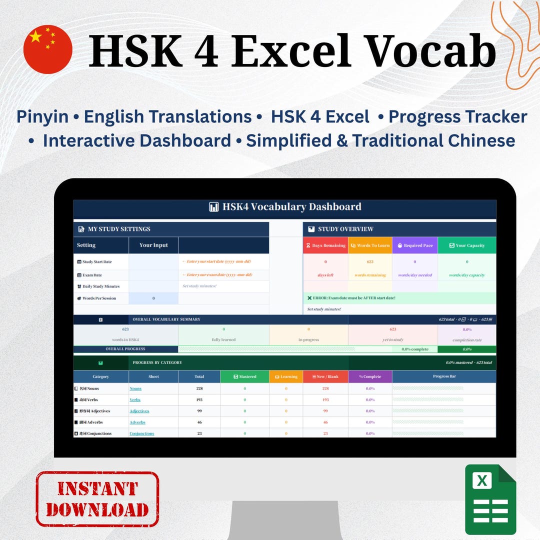 HSK 4 Vocabulary Tracker Spreadsheet, Mandarin Study Planner, Chinese ...