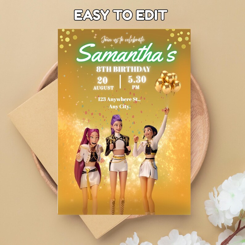 Kpop Demon Hunter Birthday Invitation, Golden Anime Party, Editable ...