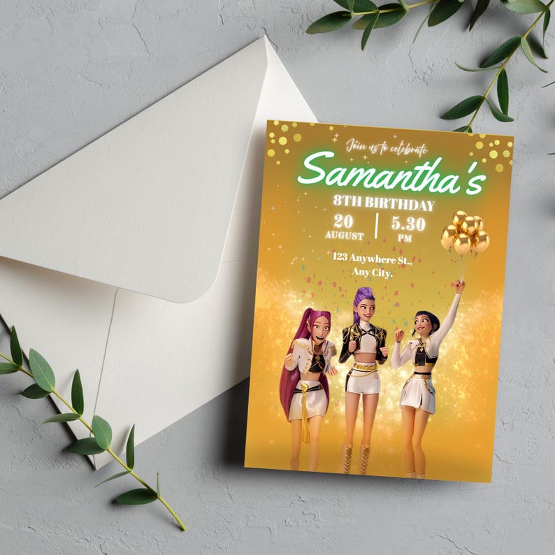 Kpop Demon Hunter Birthday Invitation, Golden Anime Party, Editable ...