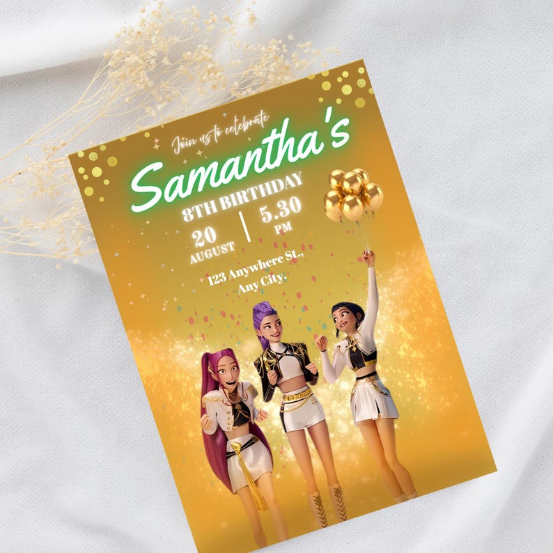 Kpop Demon Hunter Birthday Invitation, Golden Anime Party, Editable ...