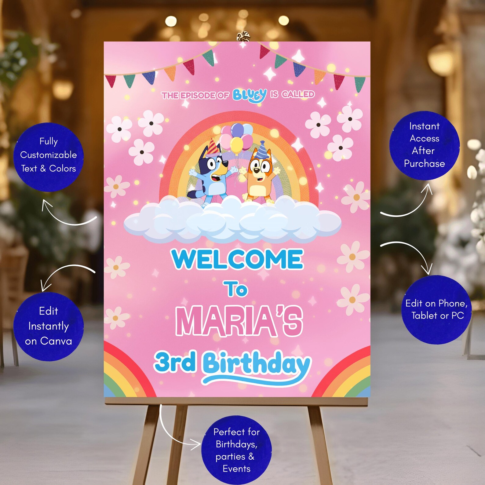 Girl Bluey Birthday Welcome Sign: Editable Blue Dog Party Poster (18x24 ...