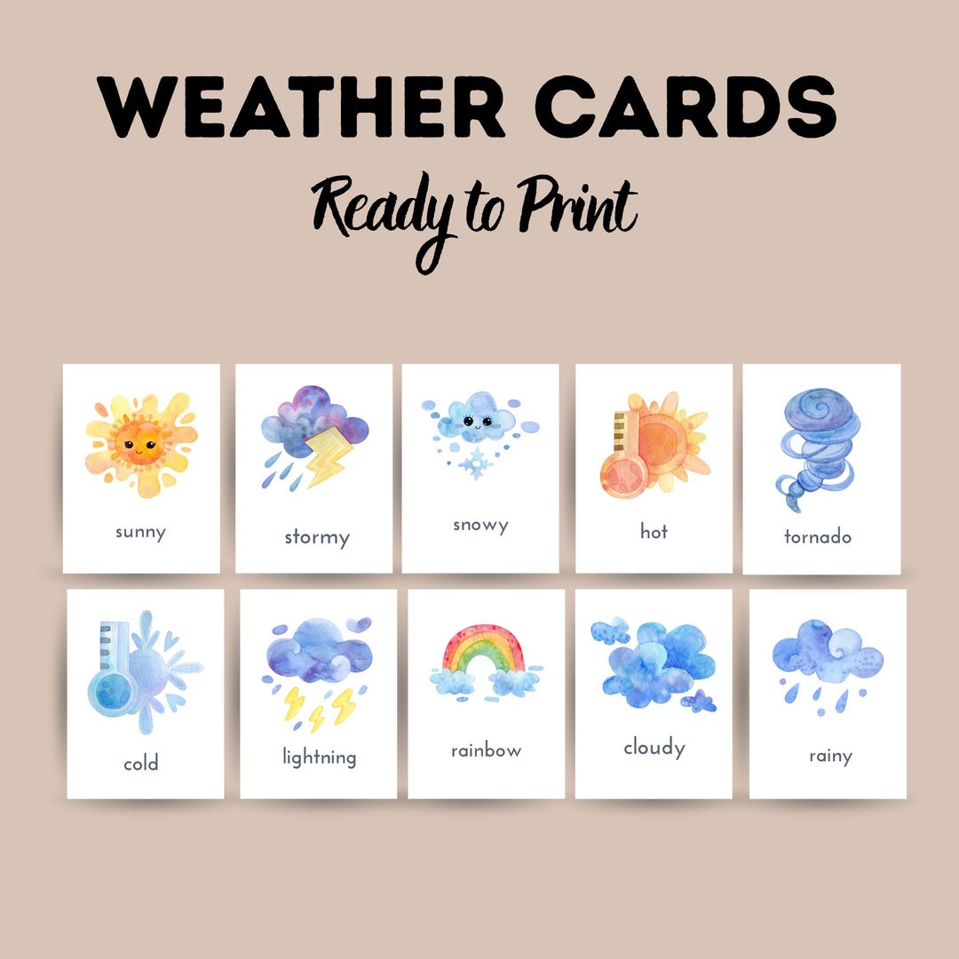 Weather Flashcards, Montessori Printable Cards for Toddlers, Digital ...