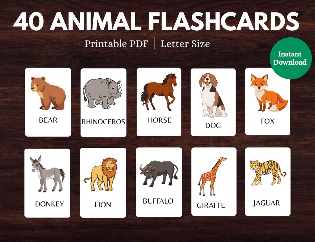 Animal Flashcards, 40 Printable Cards for Toddlers, Educational Cards ...