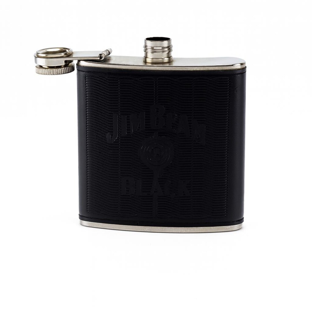 Vintage Jim Beam Black Pocket Flask, Stainless Steel Leather Whiskey ...