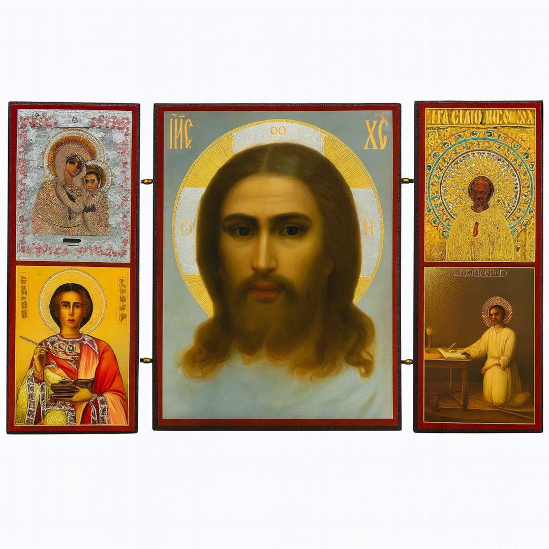Folding Russian Orthodox Icon Triptych, Wooden Jesus Mary St Nicholas ...