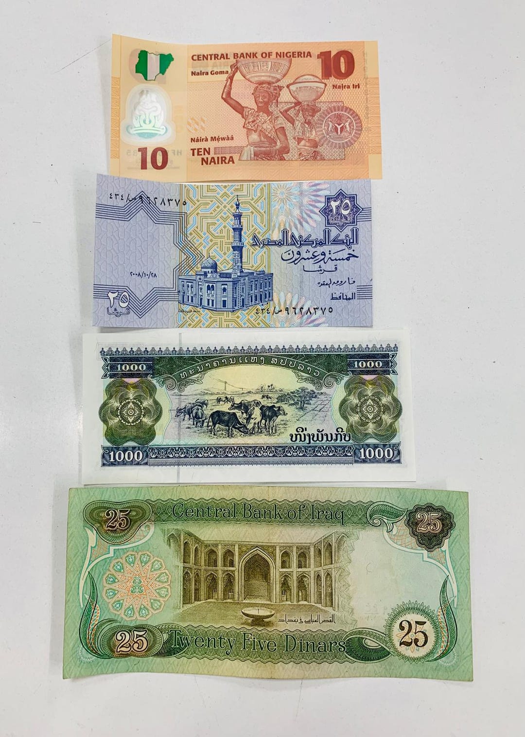 World Banknote Collection Set of 4, Nigeria, Iraq, Egypt, Laos Currency ...
