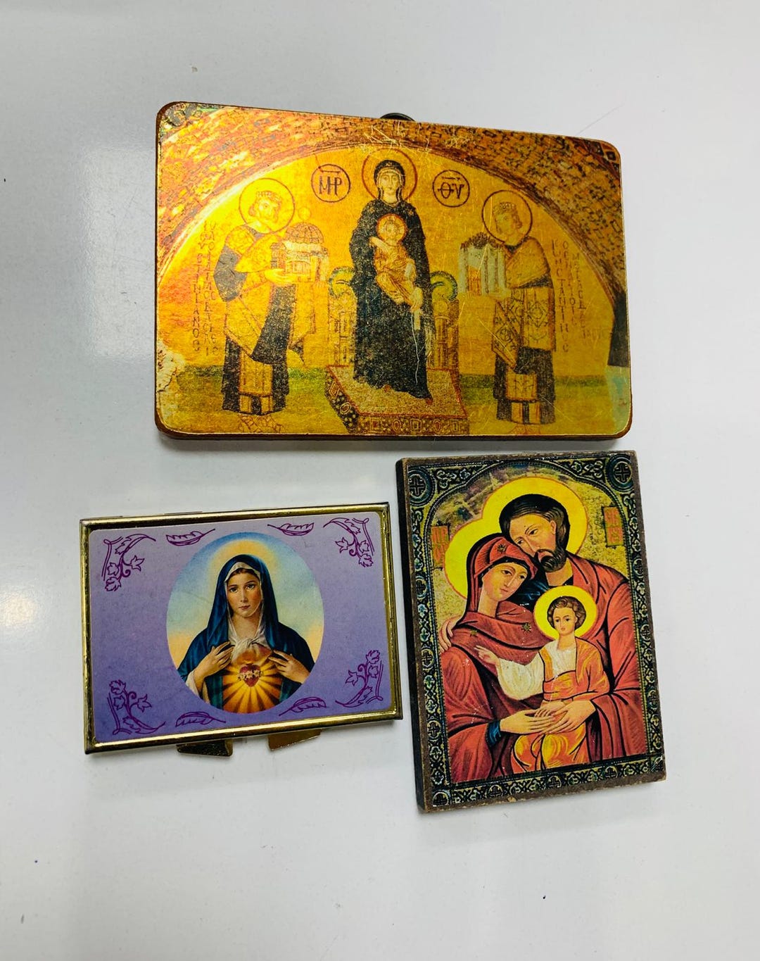 Vintage 3-piece Christian Icon Set, Sacred Heart Pill Box, Holy Family ...