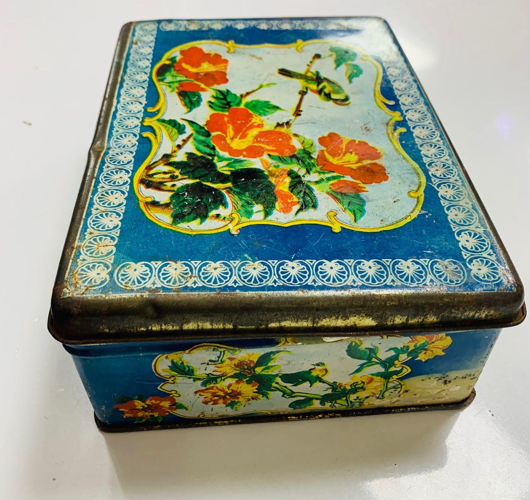 Vintage 1950s Tin Box With Bird & Flower Print, Blue Floral Metal Box ...