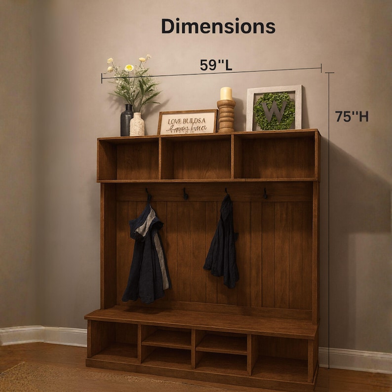 Tall Hall Tree With Bench N Storage – Farmhouse Style Wood Entryway ...