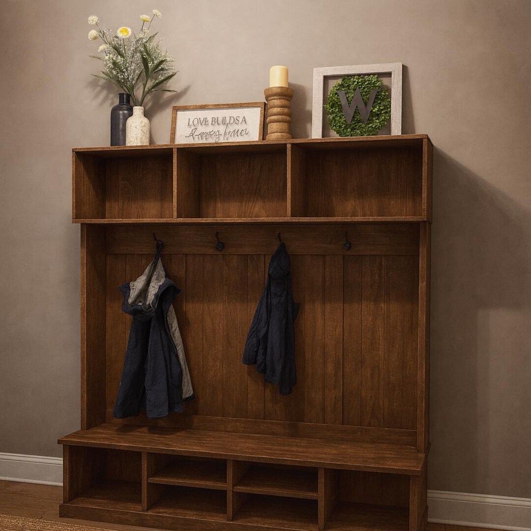 Tall Hall Tree With Bench N Storage – Farmhouse Style Wood Entryway ...